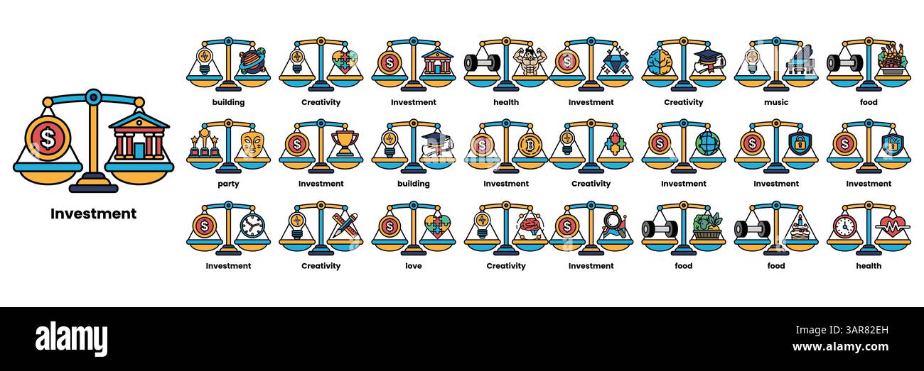 The image is a collection of scales with different weights on each side ...