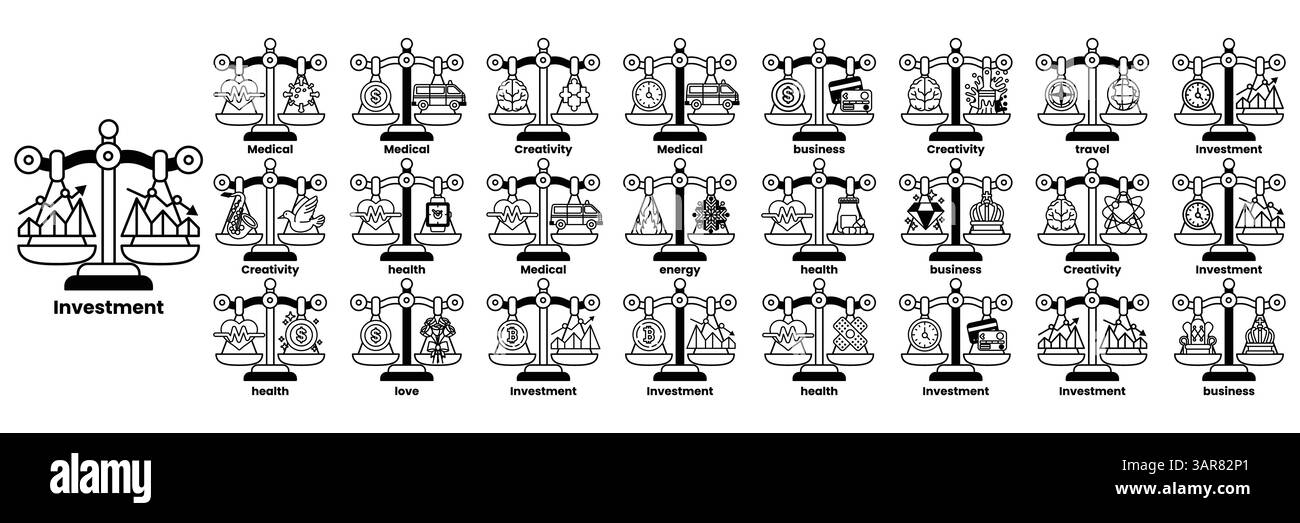 A collection of scales with different weights and items on them. The ...