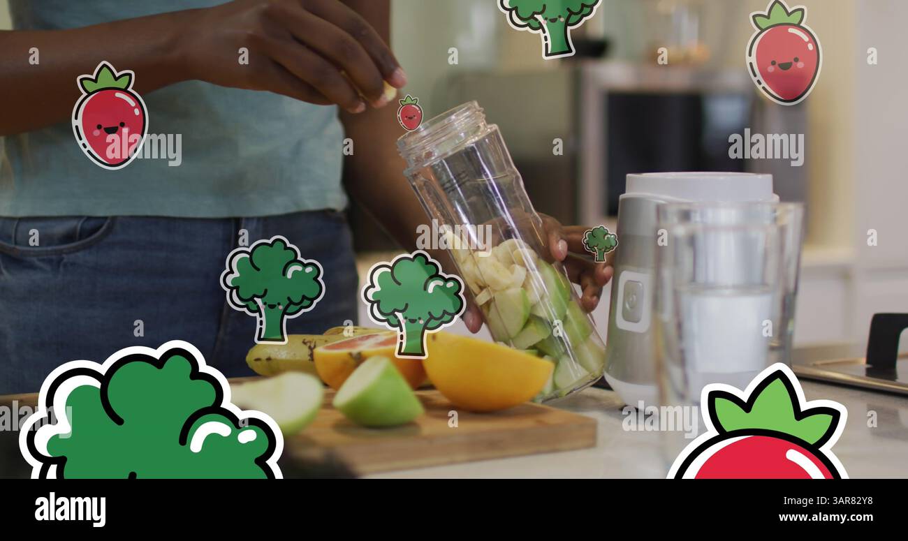 Image of fruit and vegetables icons over african american woman making ...