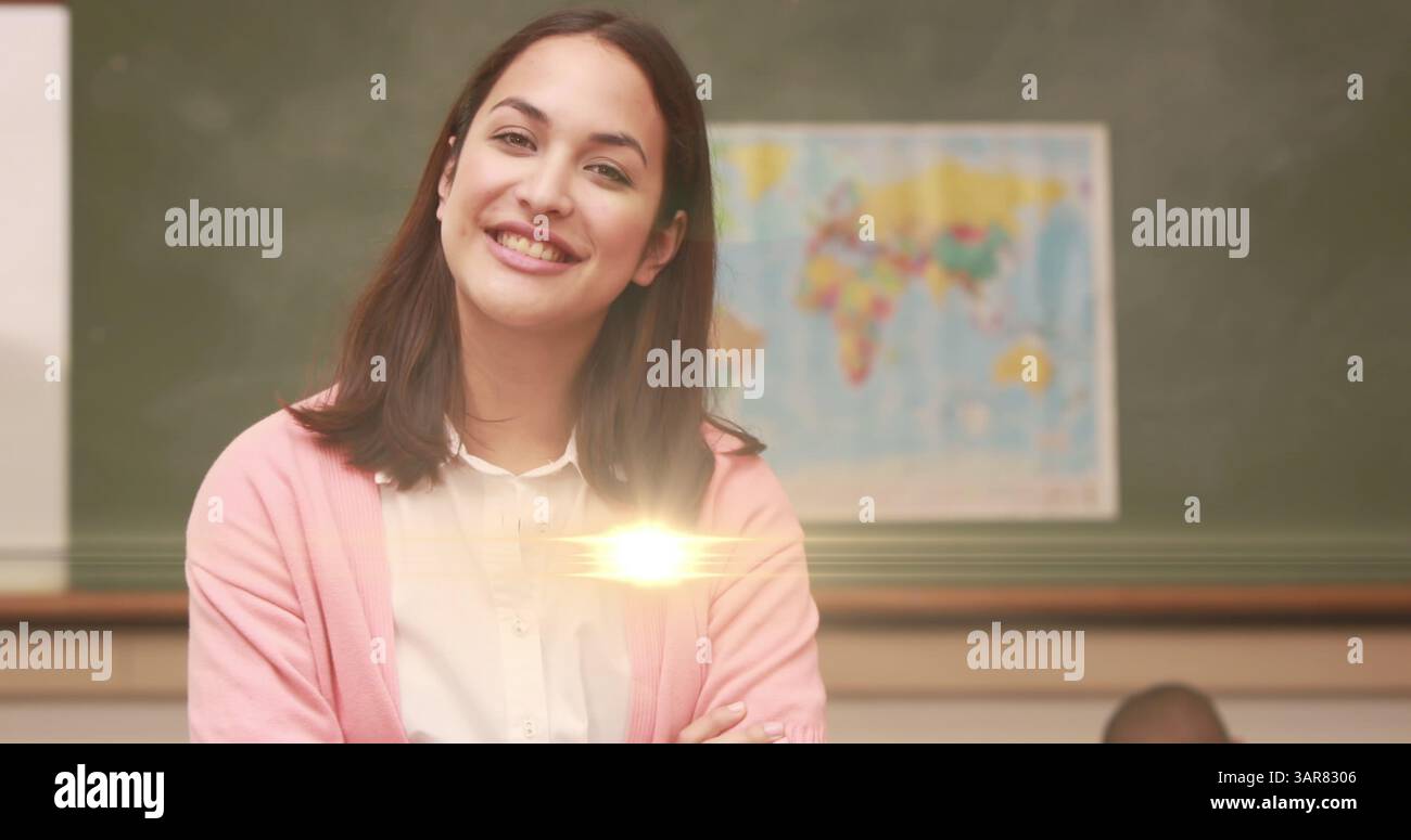 Image of light spots over happy caucasian female teacher in classroom ...