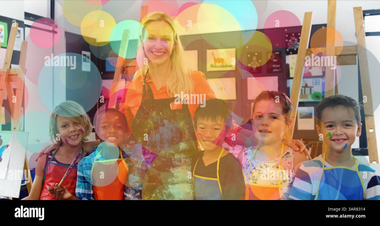 Image of spots over happy caucasian female teacher painting with ...