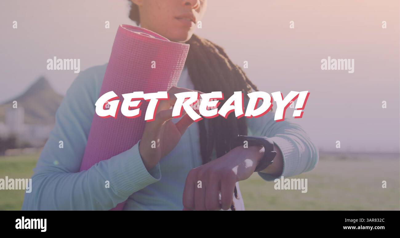 Image of get ready text over biracial woman checking smartwatch in park ...