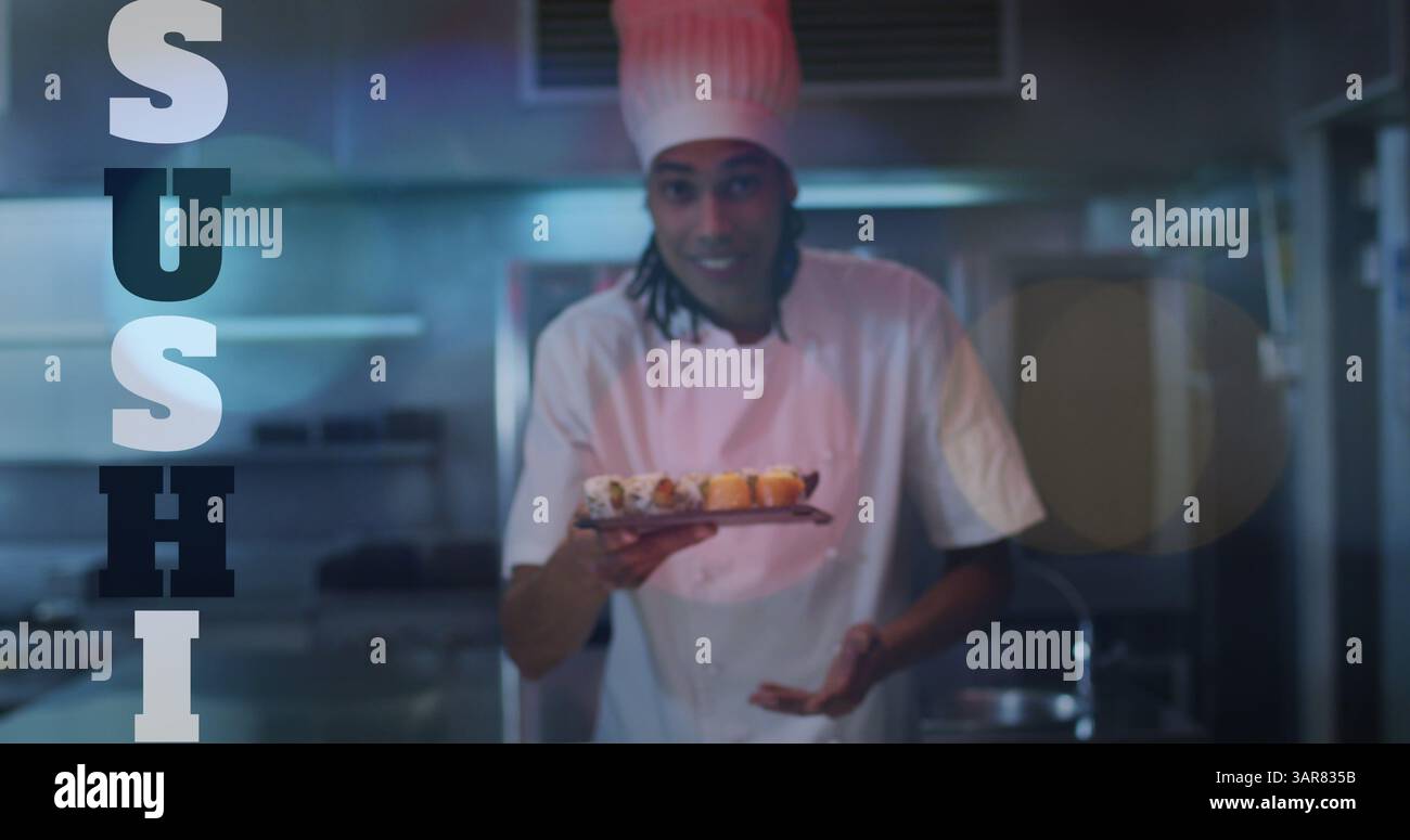 Image of sushi text over happy biracial male chef preparing sushi Stock ...