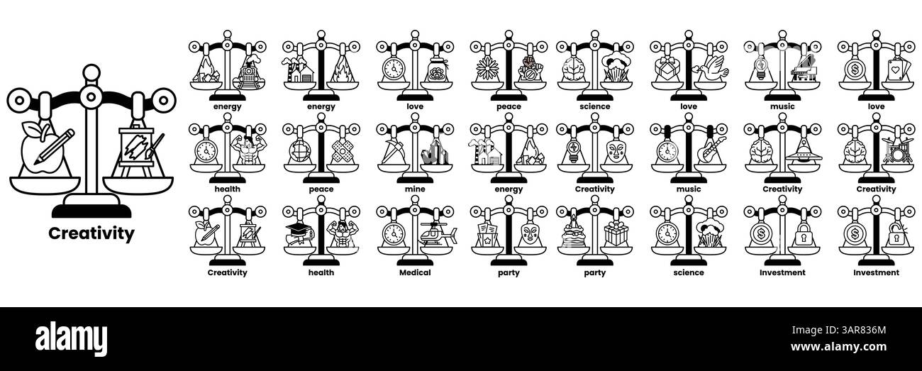 A scale with many different weights and a variety of items on it. The ...
