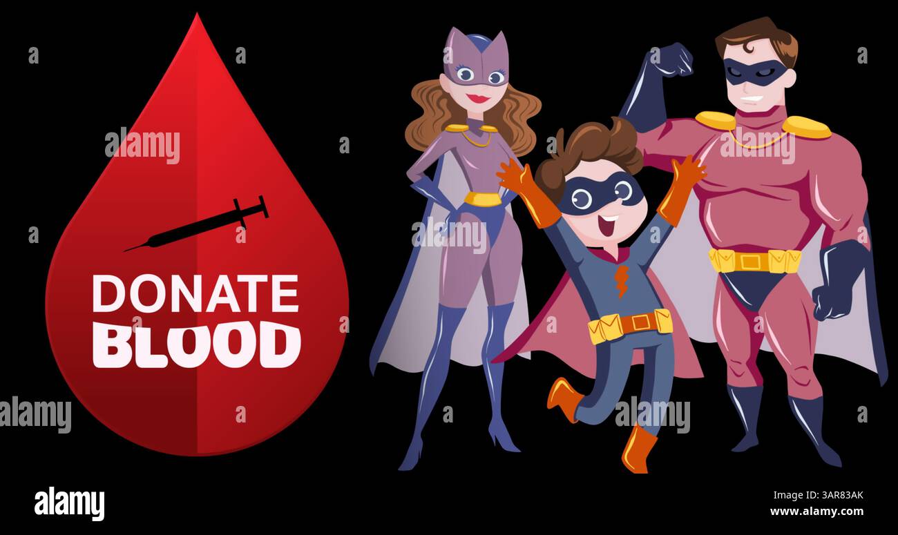 Image of donate blood text with blood drop and superheroes on black ...