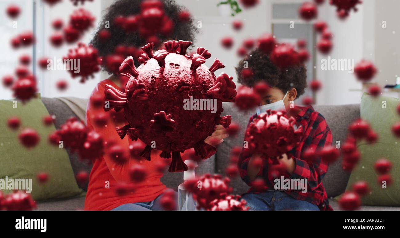 Image of virus cells over african american mother and son with face ...