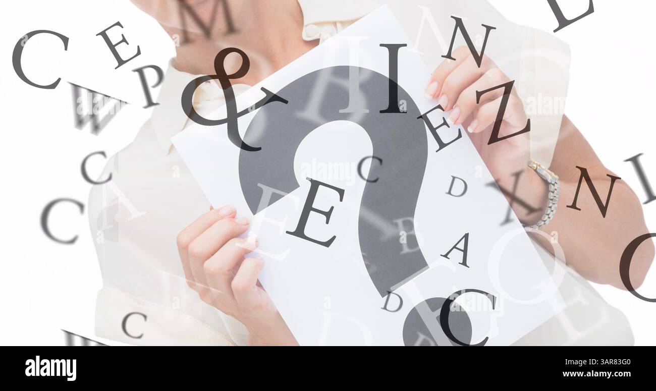 Image of english text and letters over caucasian woman Stock Photo - Alamy