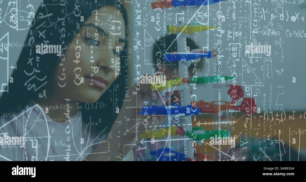 Image of mathematical equations over biracial woman with models in ...