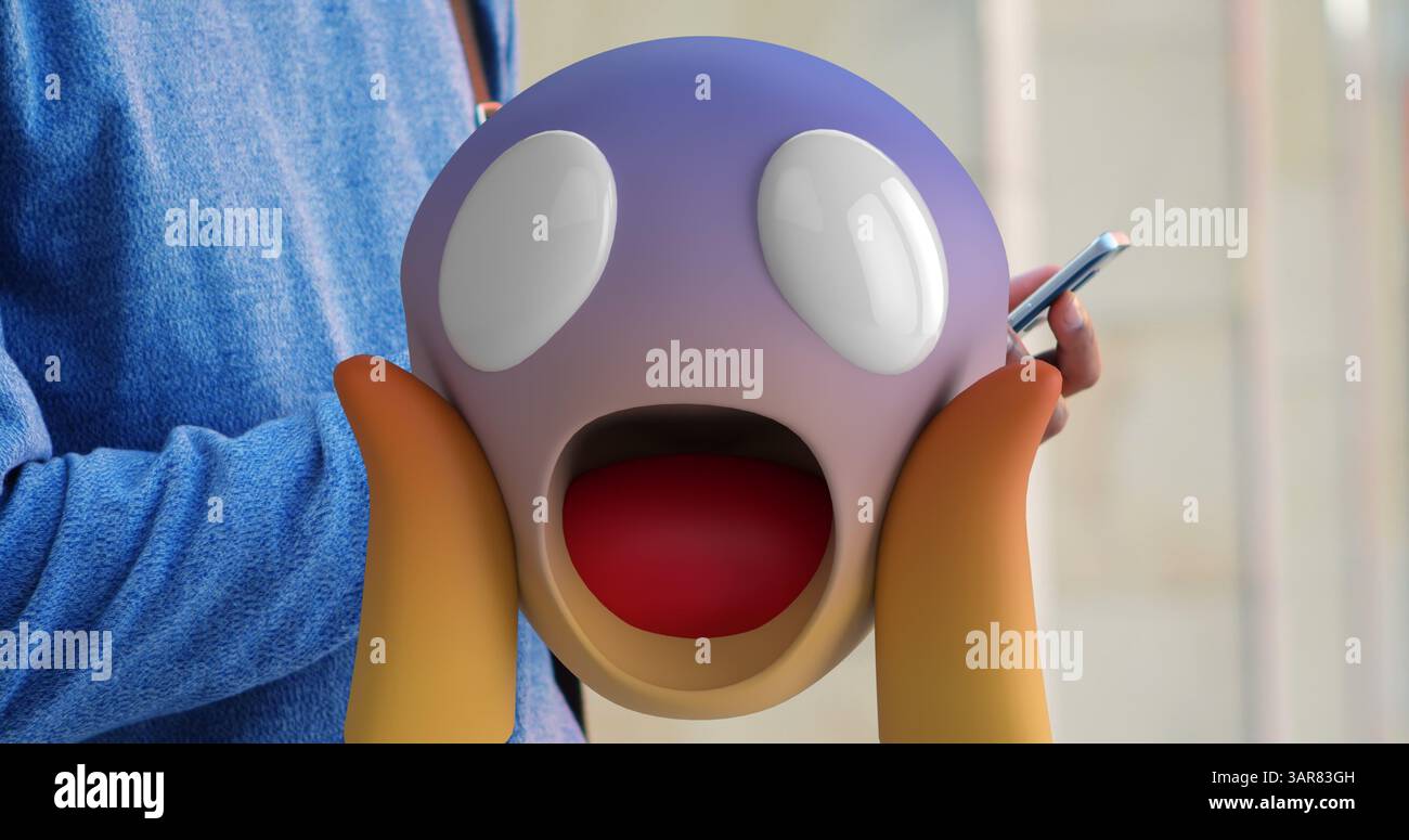 Image of emoticons changing over hands of caucasian man using ...