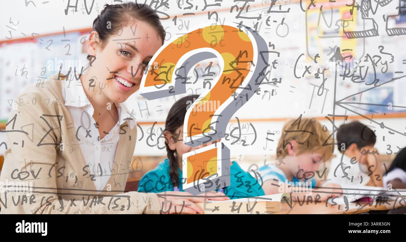 Image of question mark with mathematical equations over schoolchildren ...