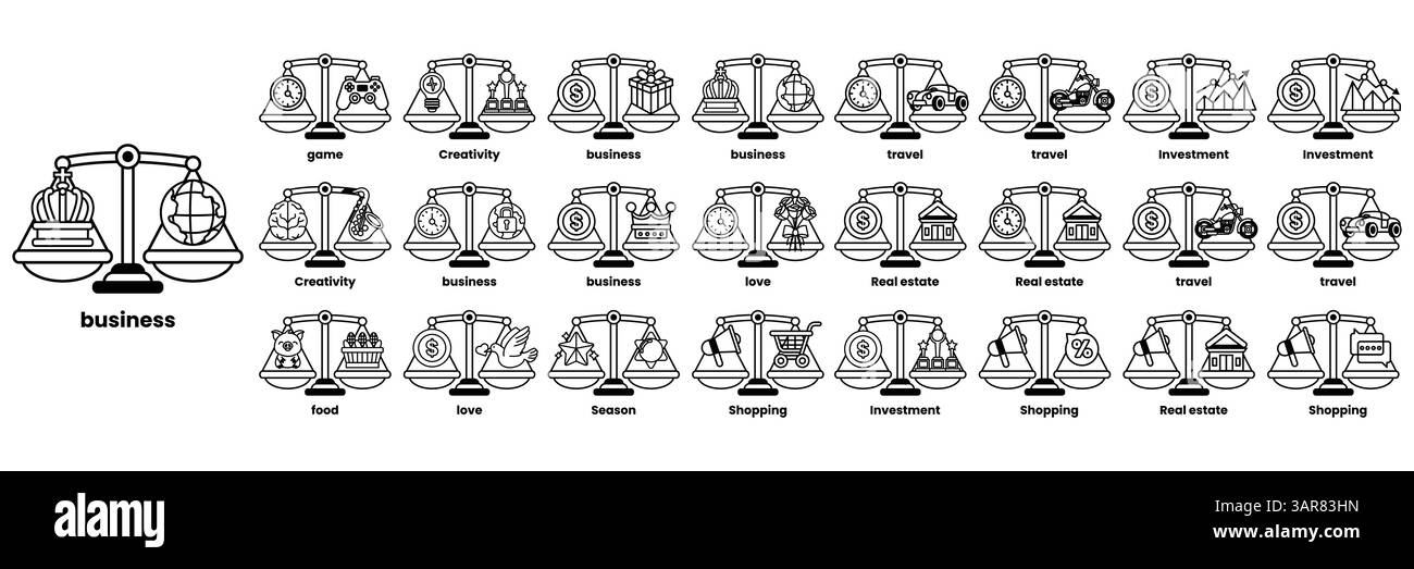 The image is a collection of scales with different weights and objects ...