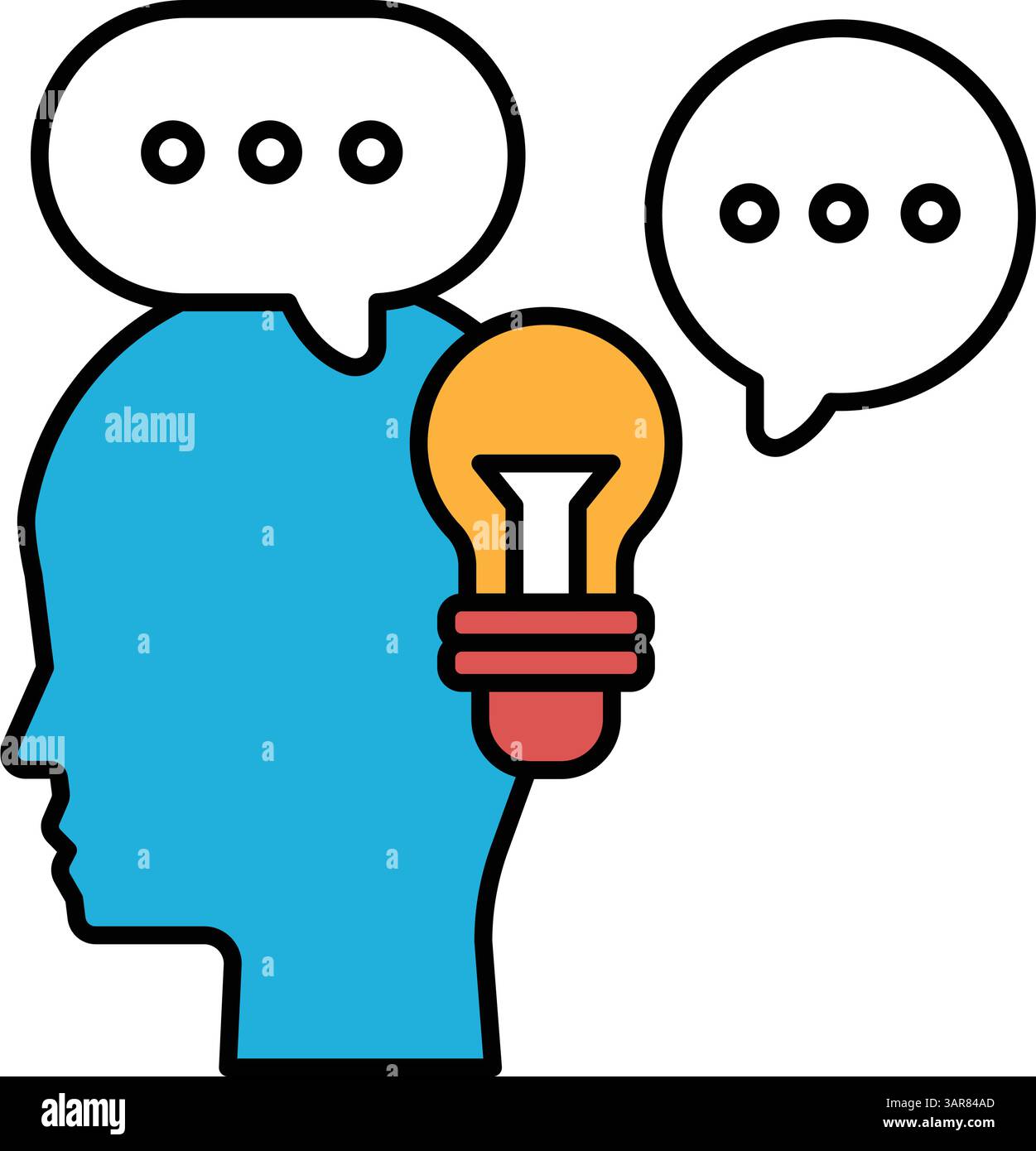 A head with a light bulb on it is surrounded by two speech bubbles. The light bulb represents an ...