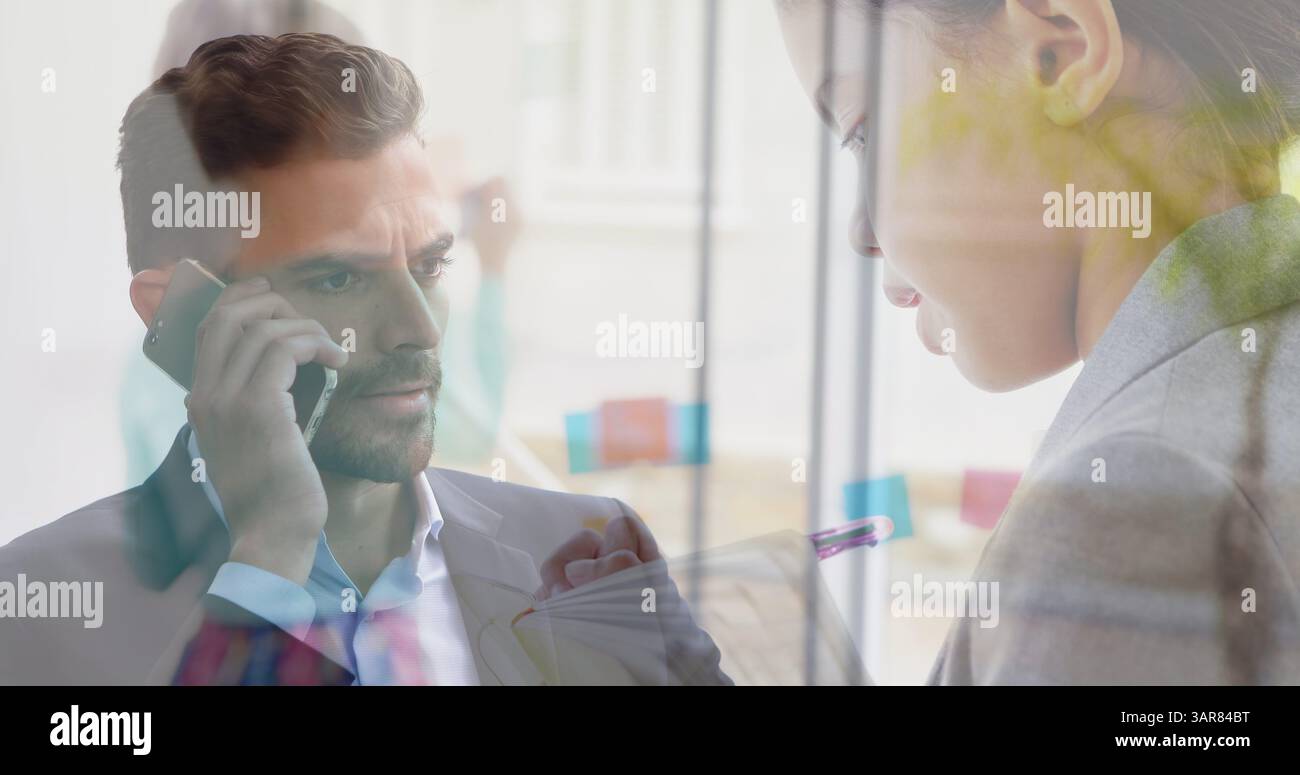 Image of stressed caucasian businessman having call over boy doing ...