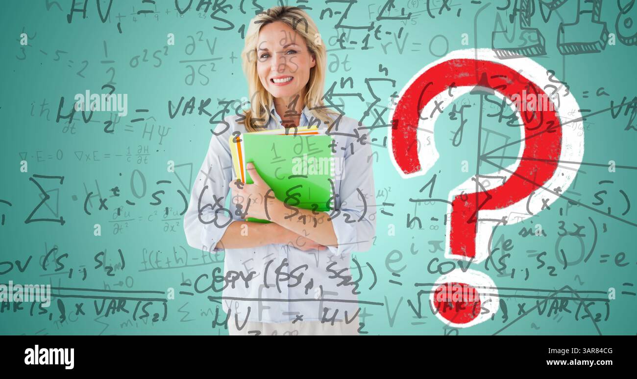 Image of mathematical equations and question mark over caucasian female ...