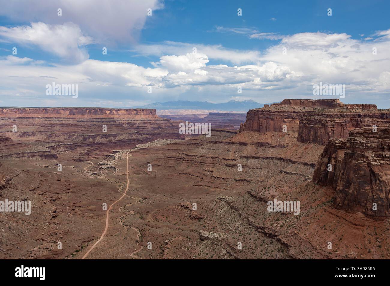 Vast desert landscape features rugged rock formations and a winding ...