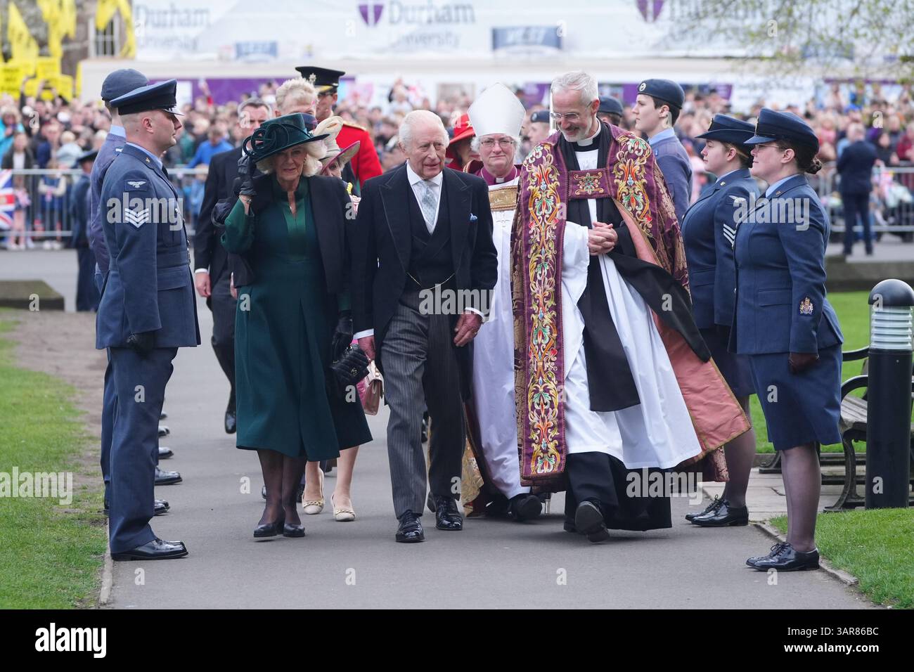 King Charles III and Queen Camilla arrive for the Royal Maundy Service at Durham Cathedral in ...