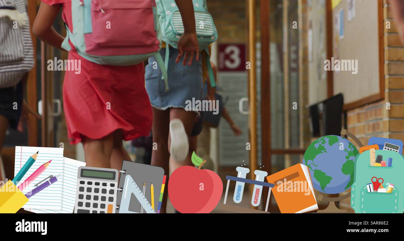 Image of school items over school children running at school Stock ...
