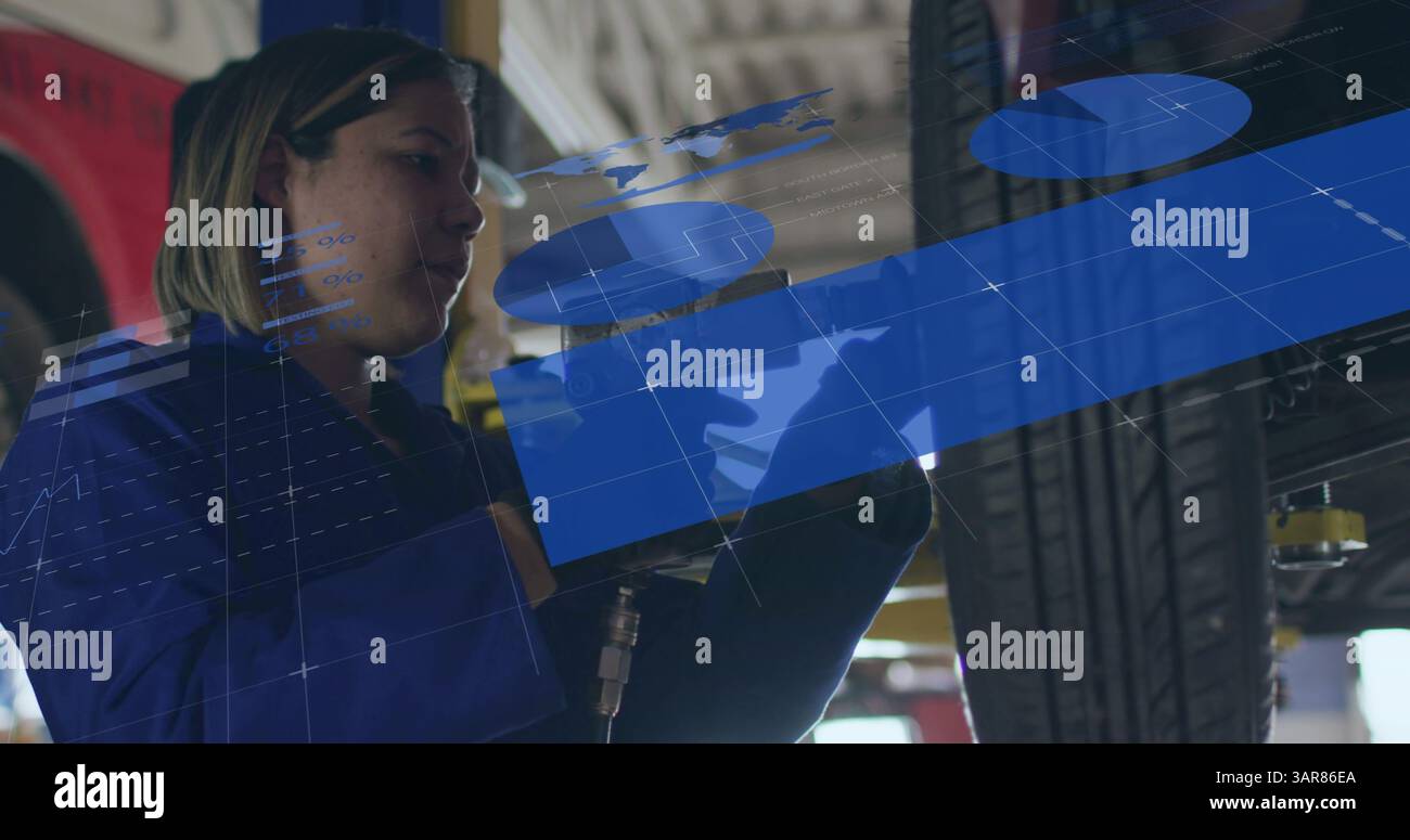 Image of charts and data processing over biracial female mechanic ...