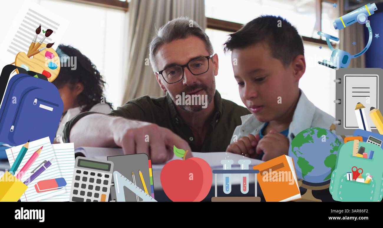 Image of school items over school children and male caucasian teacher ...