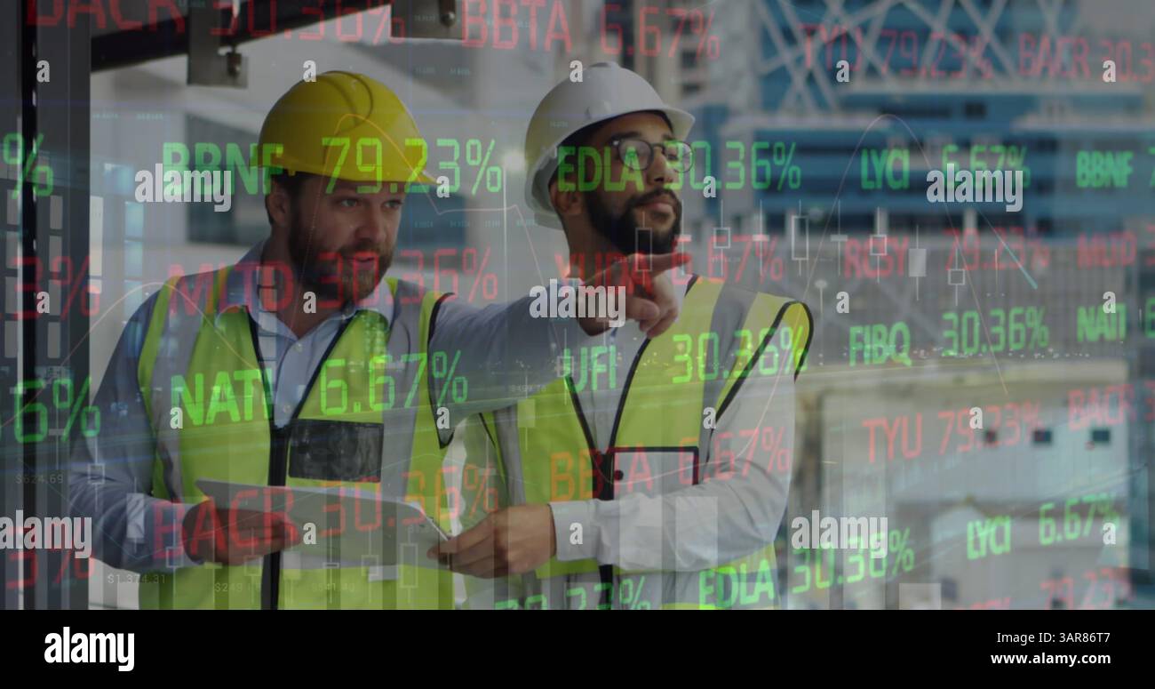 Image of statistics processing over male architects talking at ...