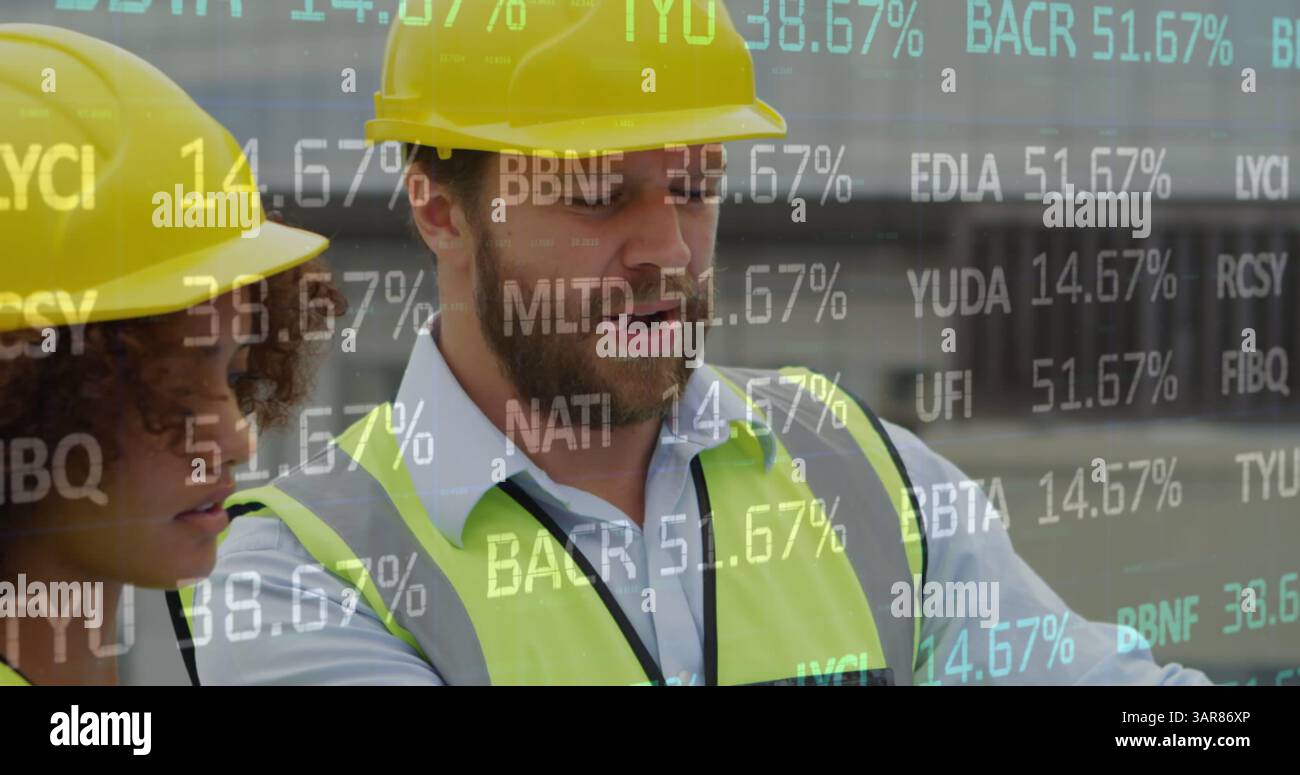 Image of statistics processing over male and female architects talking ...