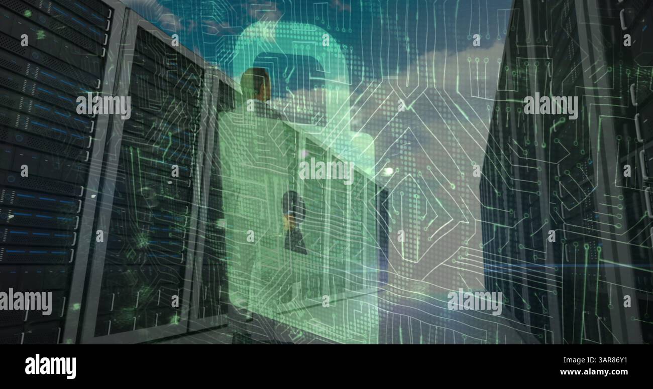 Image of cyber attack warning and padlock over biracial man in server ...