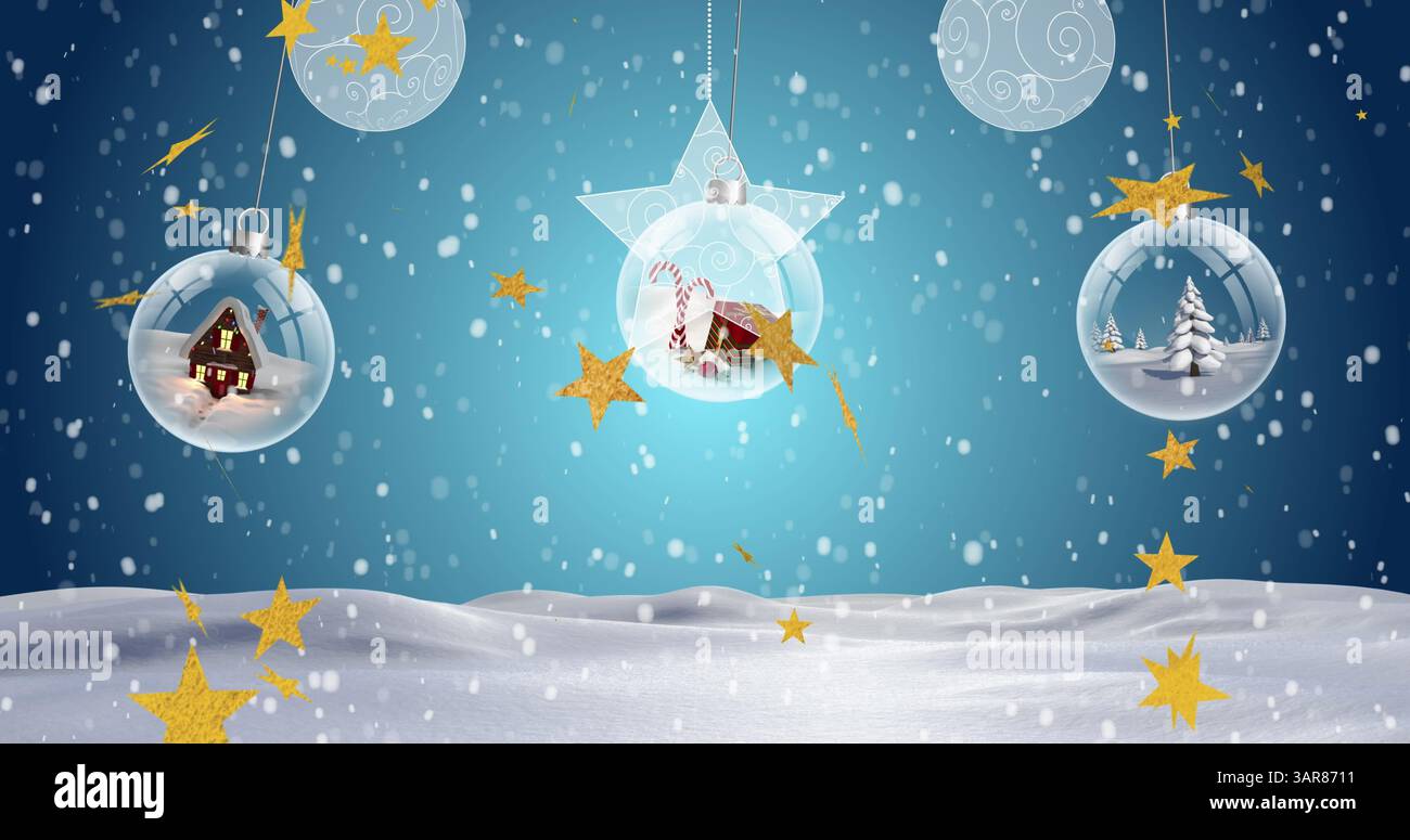 Image of snow falling over christmas baubles with presents Stock Photo ...