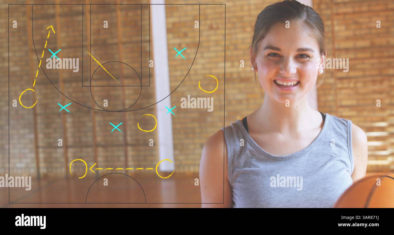 Image of drawing of game plan over caucasian female basketball player ...