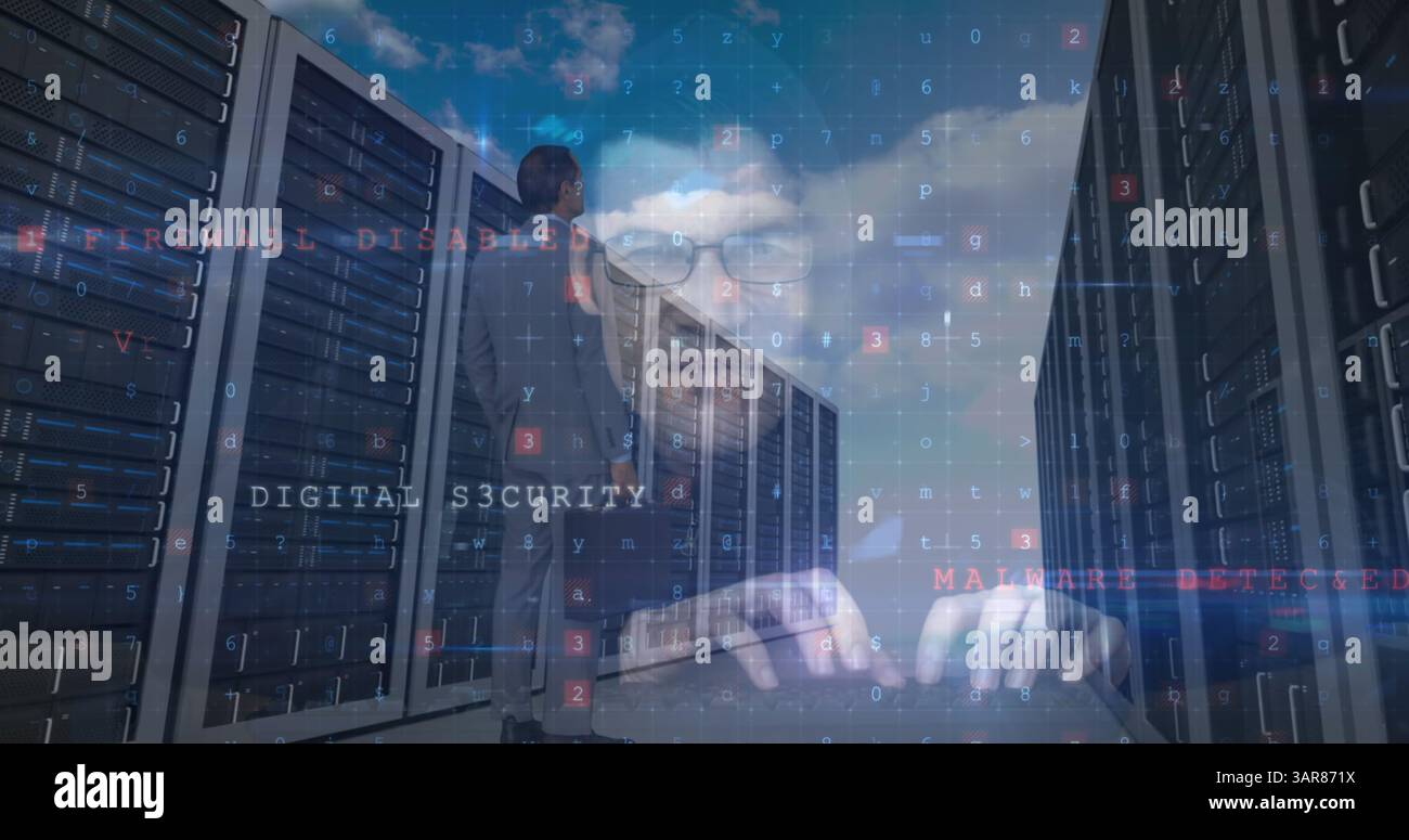 Image of cyber attack warning over diverse people in server room Stock ...