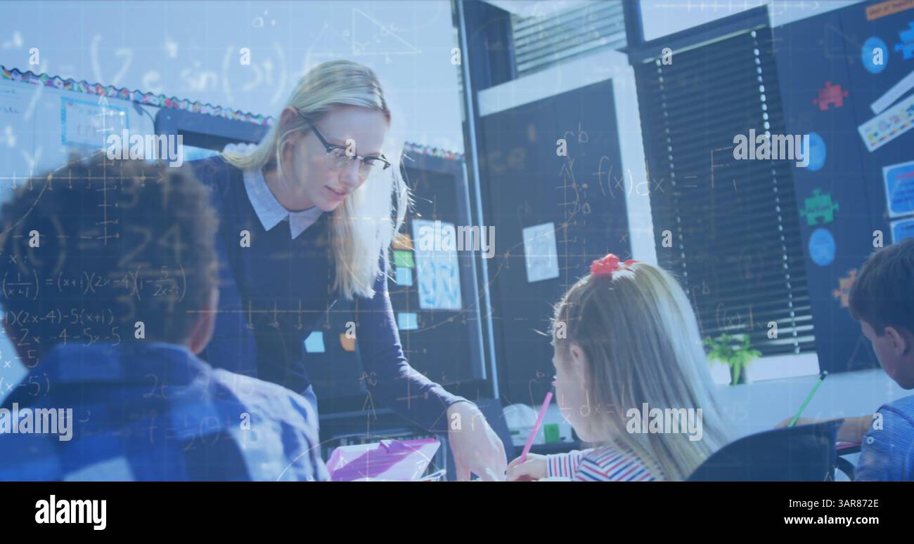 Image of mathematical equations over diverse schoolchildren with ...