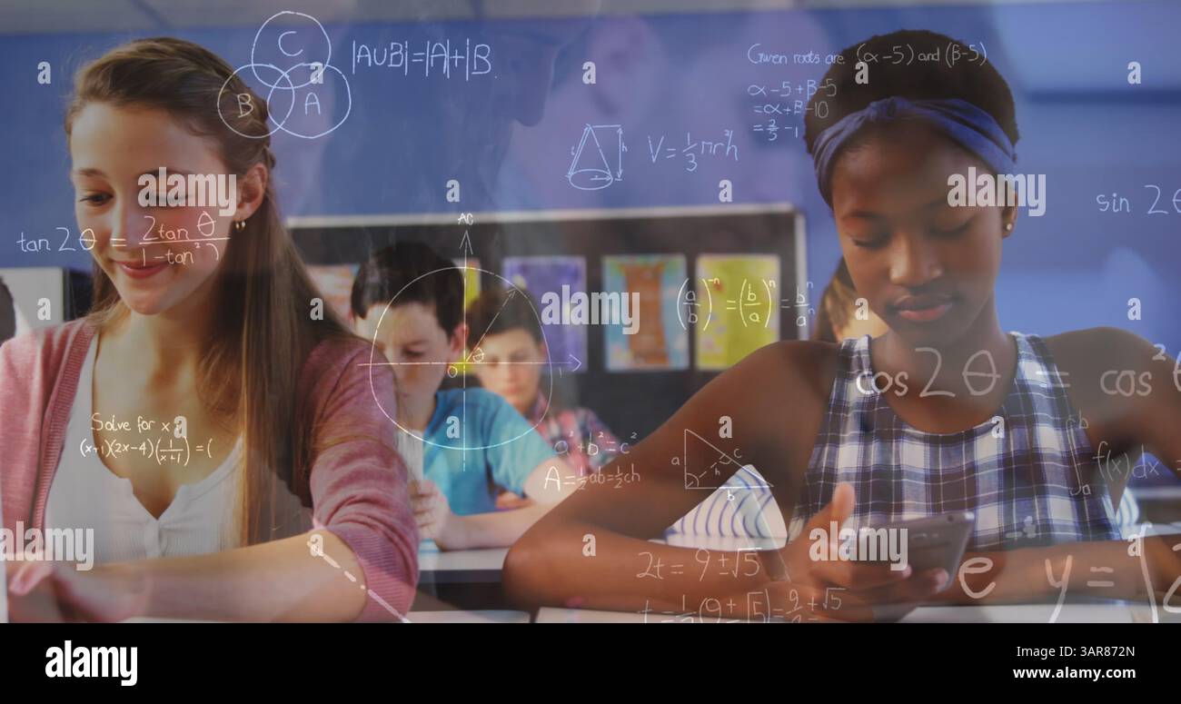 Image of mathematical equations over school children using electronic ...