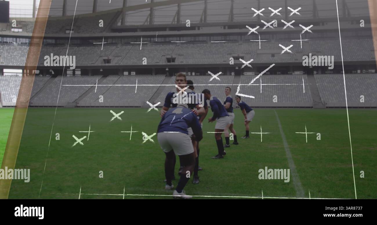 Image of drawing of game plan over diverse rugby players Stock Photo ...