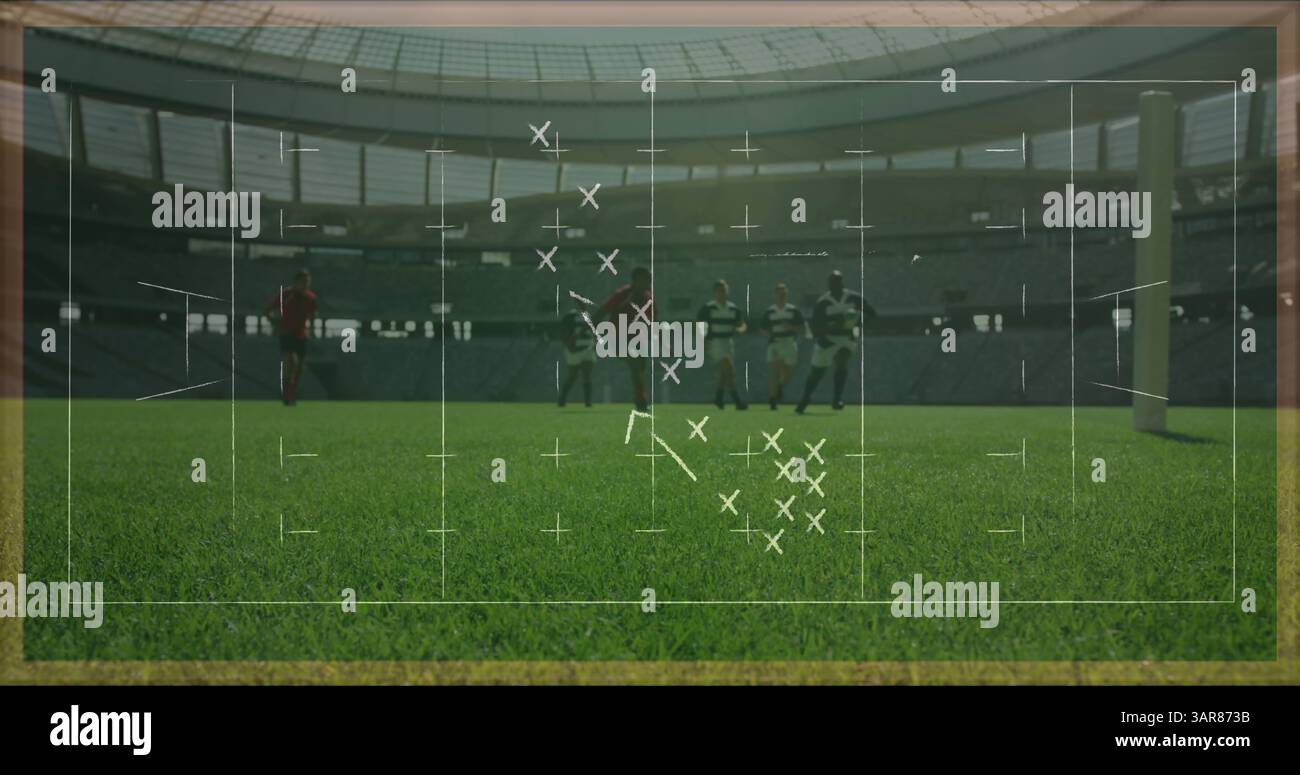 Image of drawing of game plan over diverse male players and stadium ...