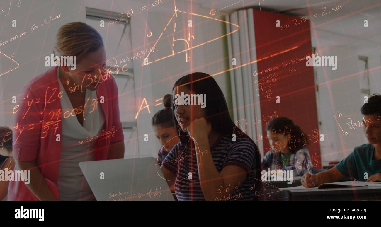 Image of mathematical formulas over students and teacher in classroom ...