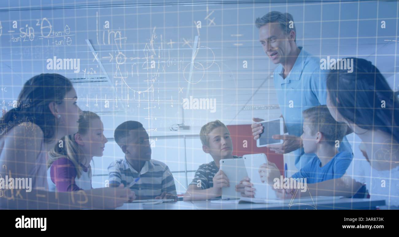 Image of mathematical equations over male teacher and school children using tablets in classroom ...