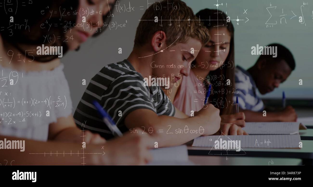 Image of mathematical formulas over students in classroom Stock Photo ...