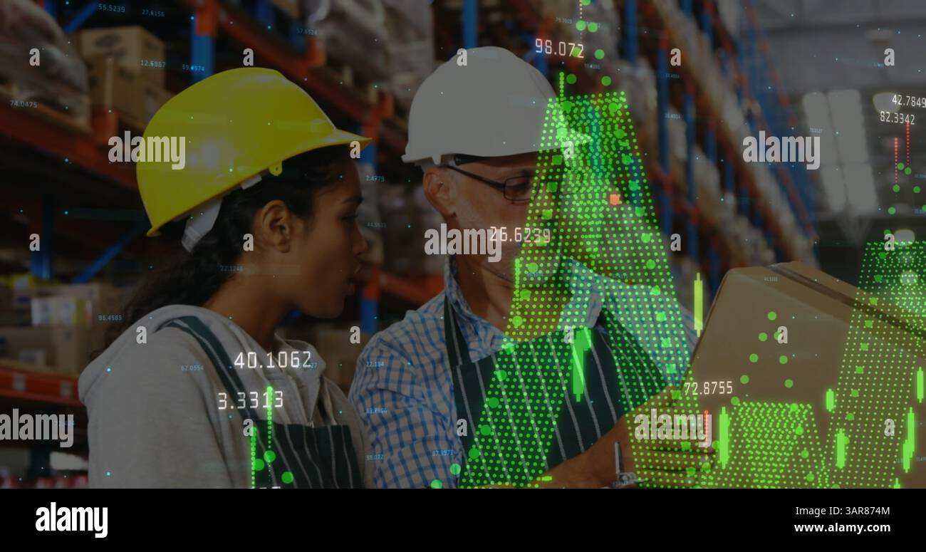 Image of financial data processing over diverse workers in warehouse ...
