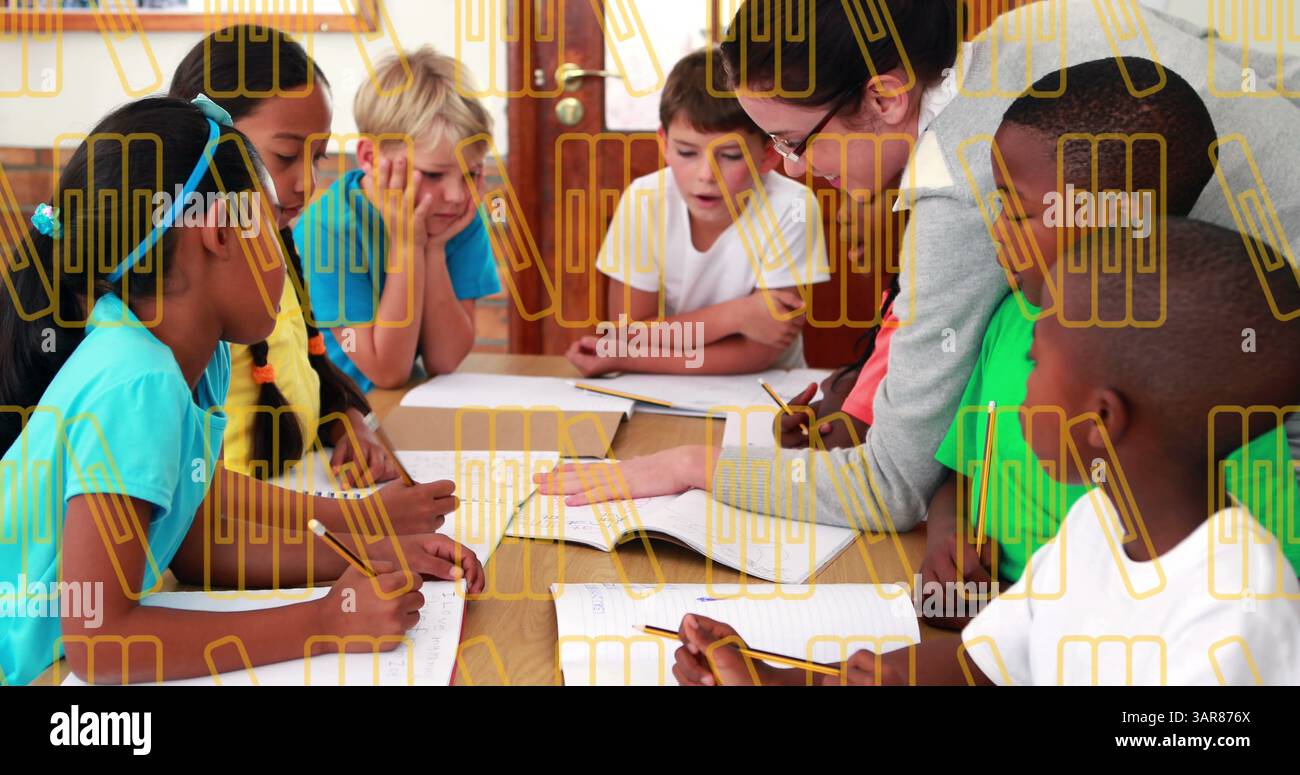 Image of falling school supplies over diverse school kids in class at ...