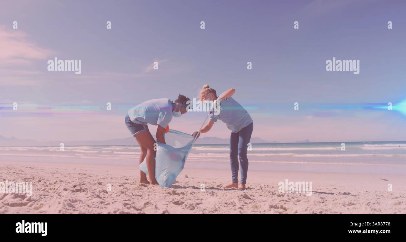 Image of lights over diverse couple in face masks picking up rubbish ...