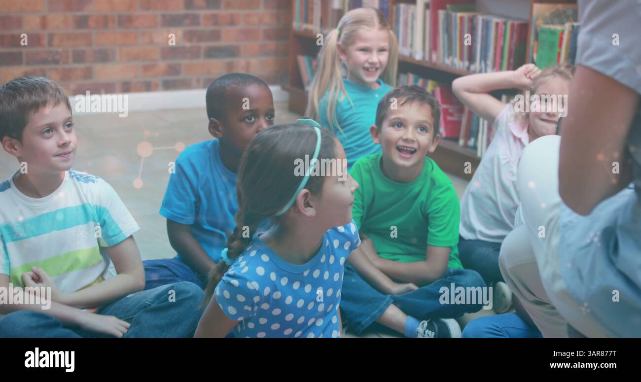 Image of falling network of connections over diverse students in class ...