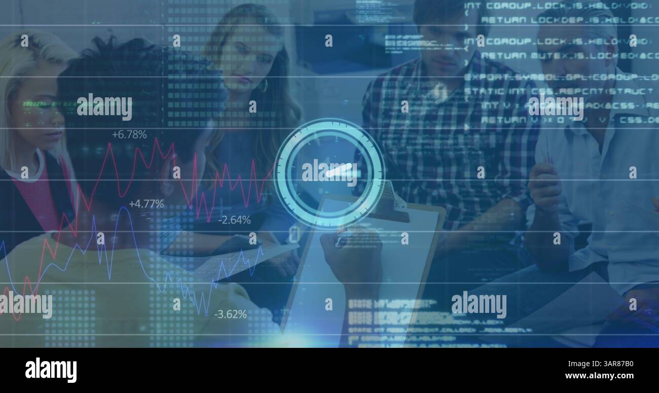 Image of data processing and clock over diverse business people Stock ...
