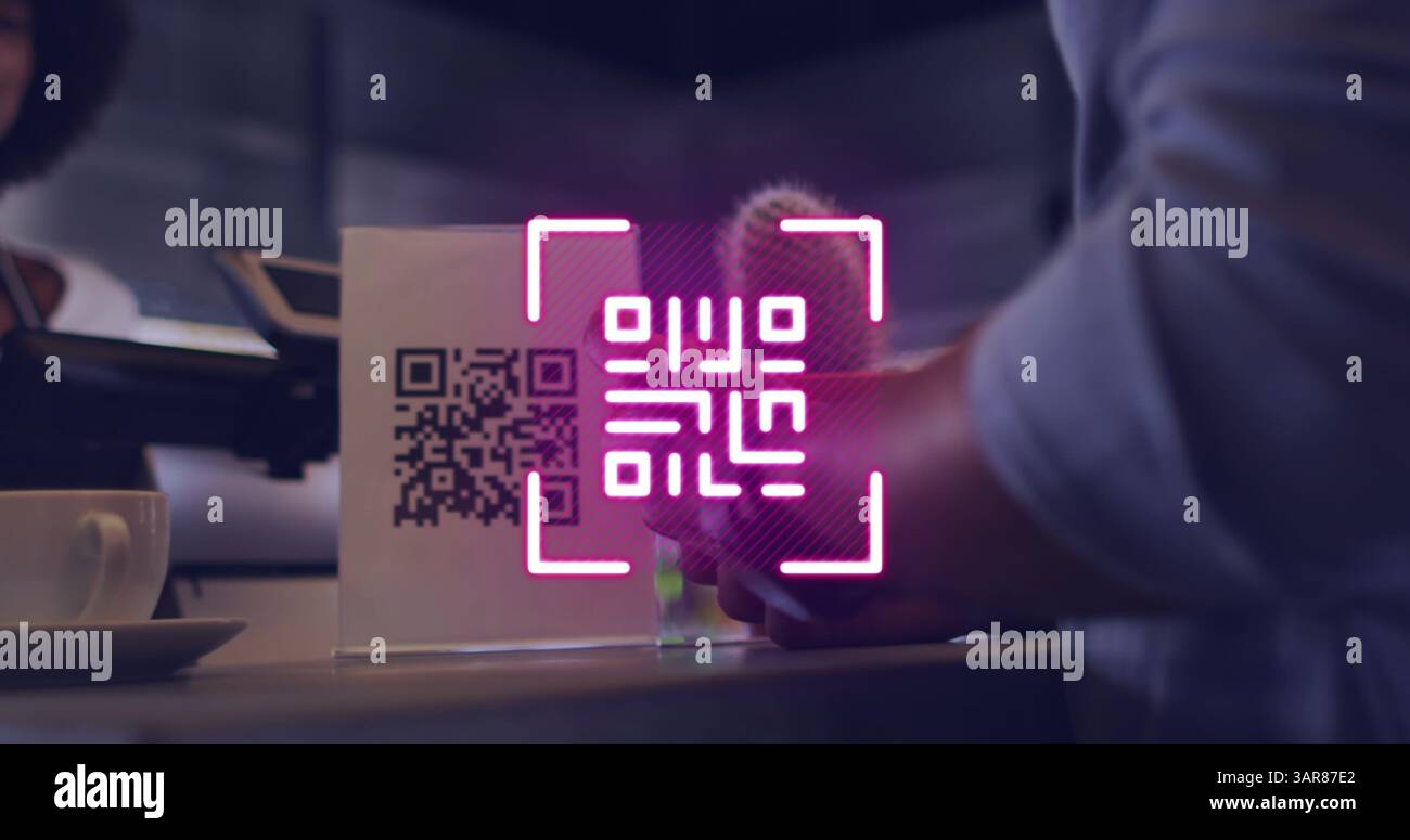 Neon qr code against african american man making digital payment from ...