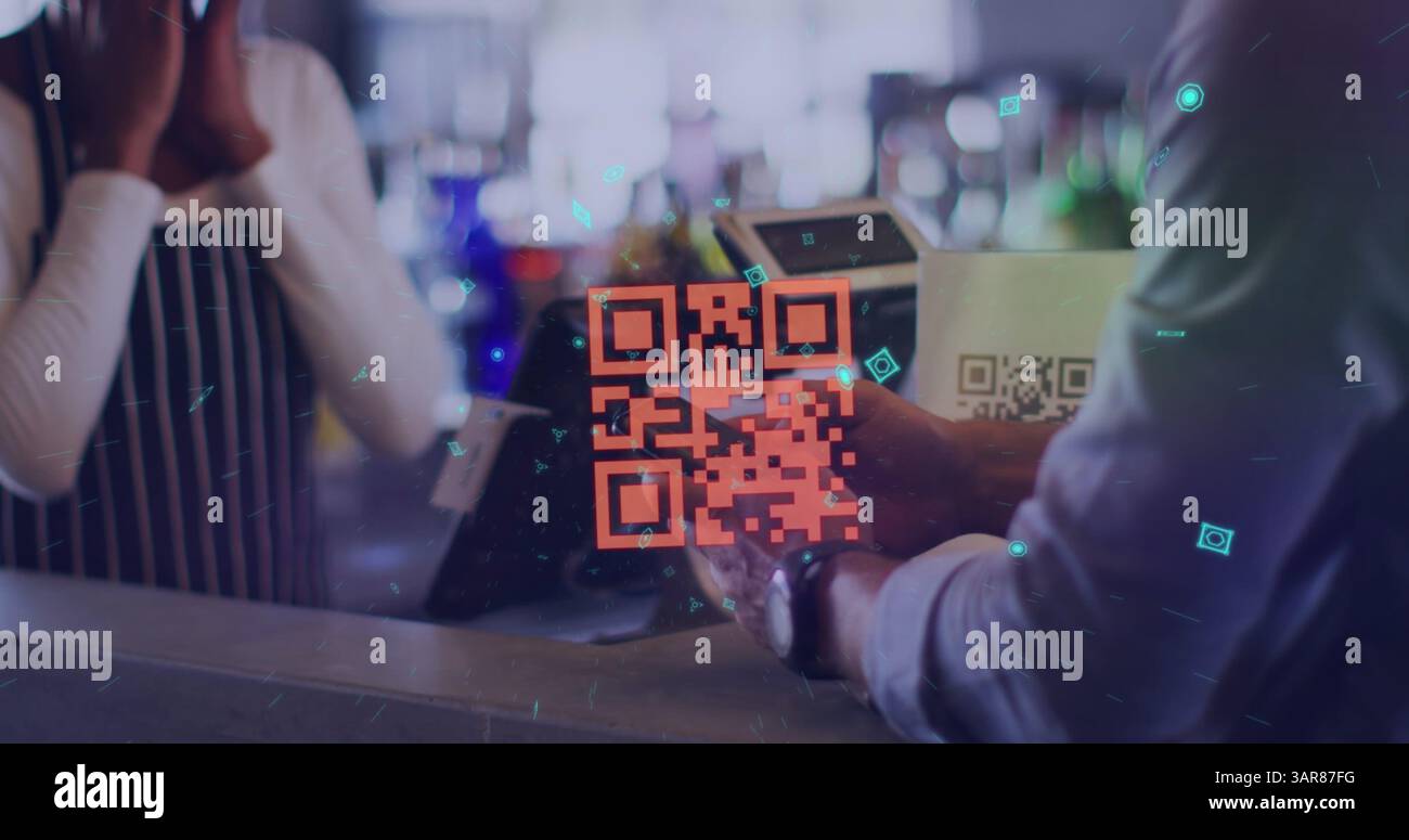 Neon qr code against african american man making digital payment from ...