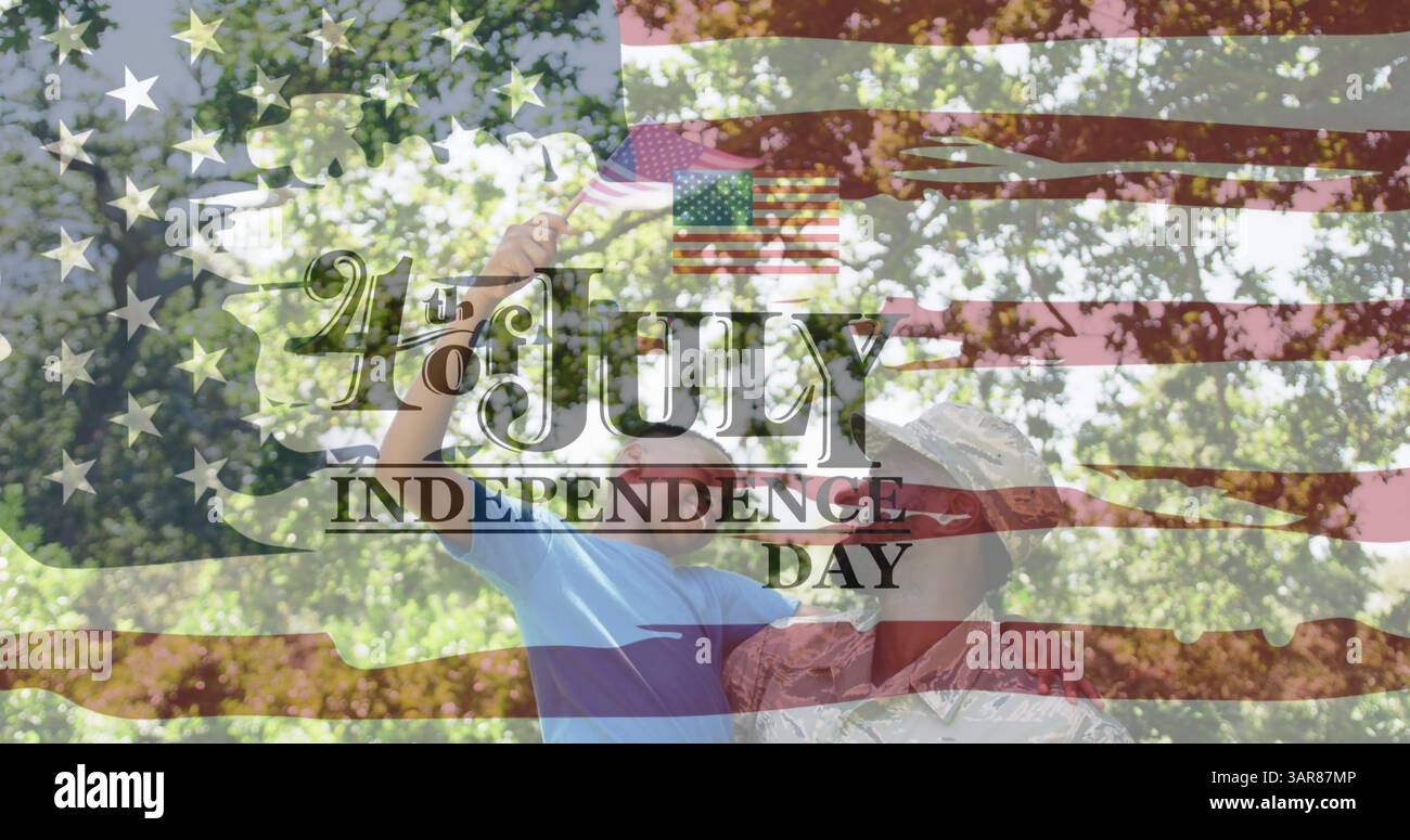 Independence day text banner against african american soldier in ...