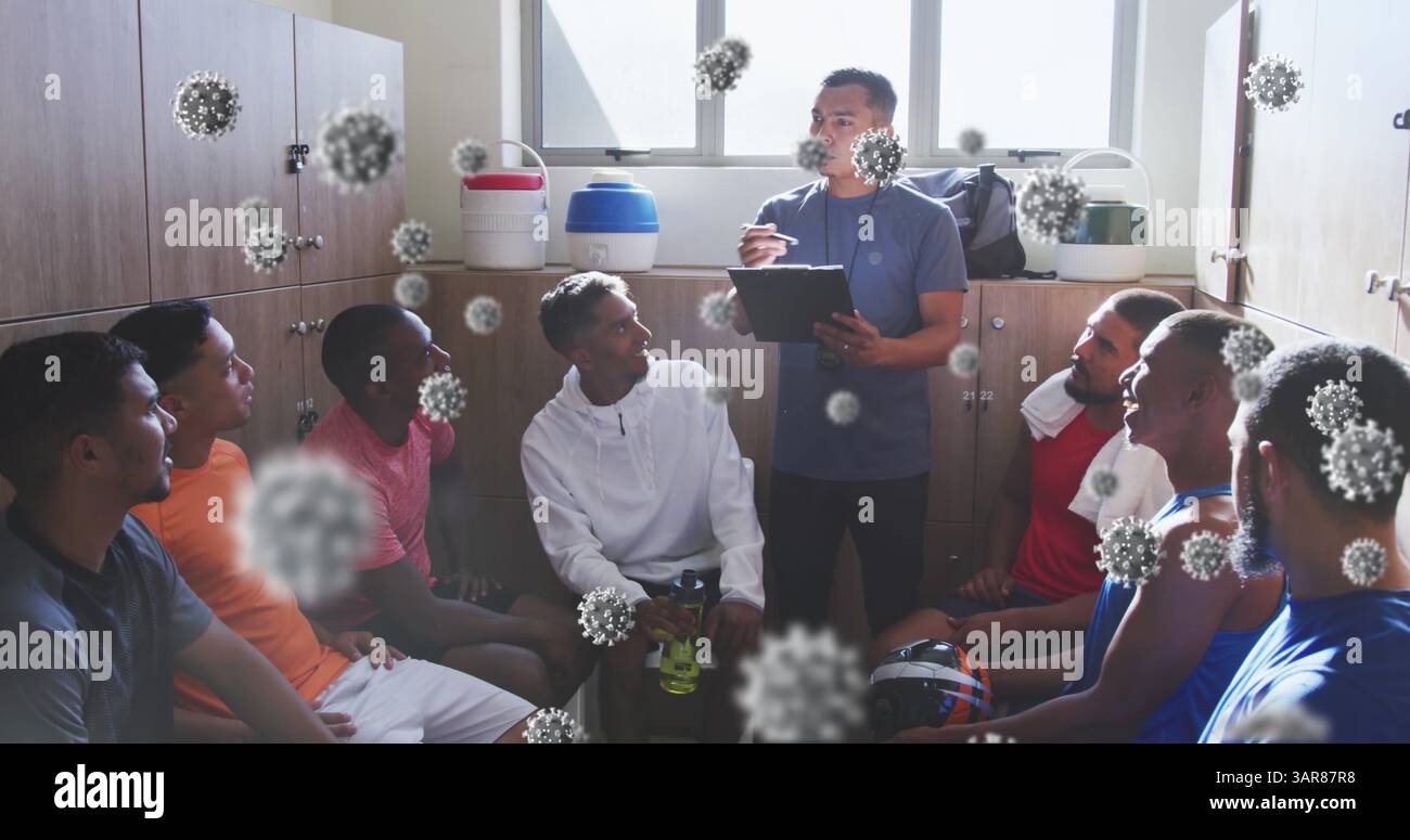 Image of virus cells over diverse group of male football players with ...