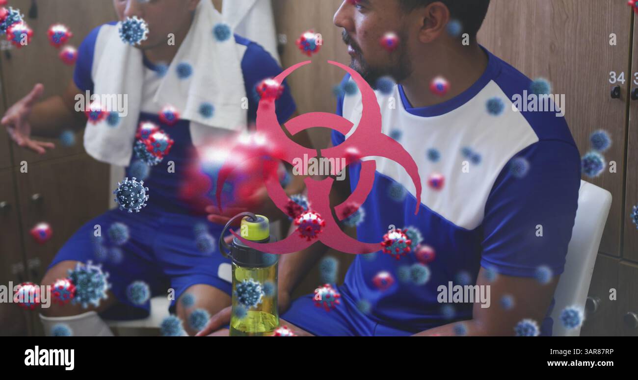 Image of virus cells and biohazard symbol over group of football ...