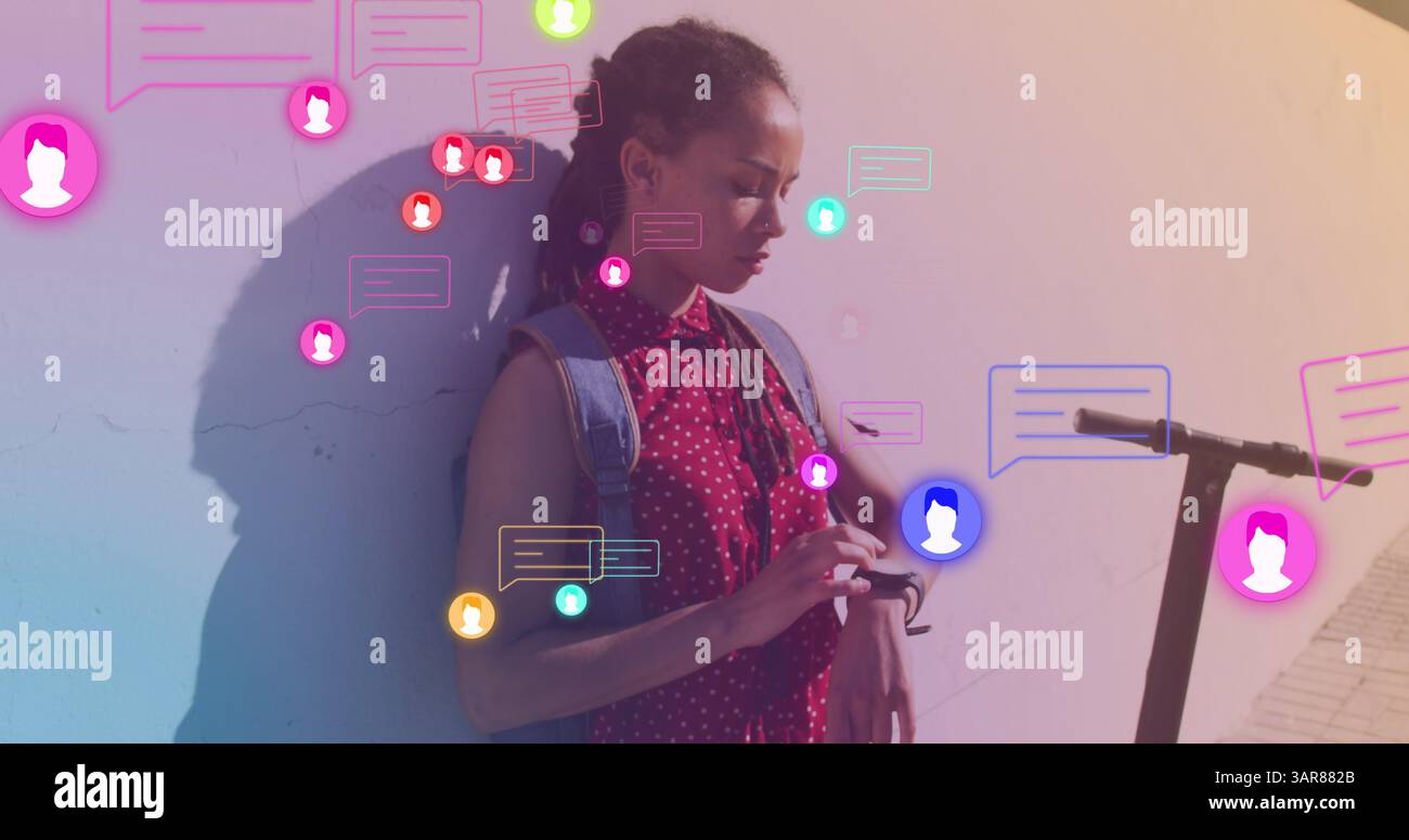 Image of media icons over biracial woman with scooter using smartwatch Stock Photo - Alamy