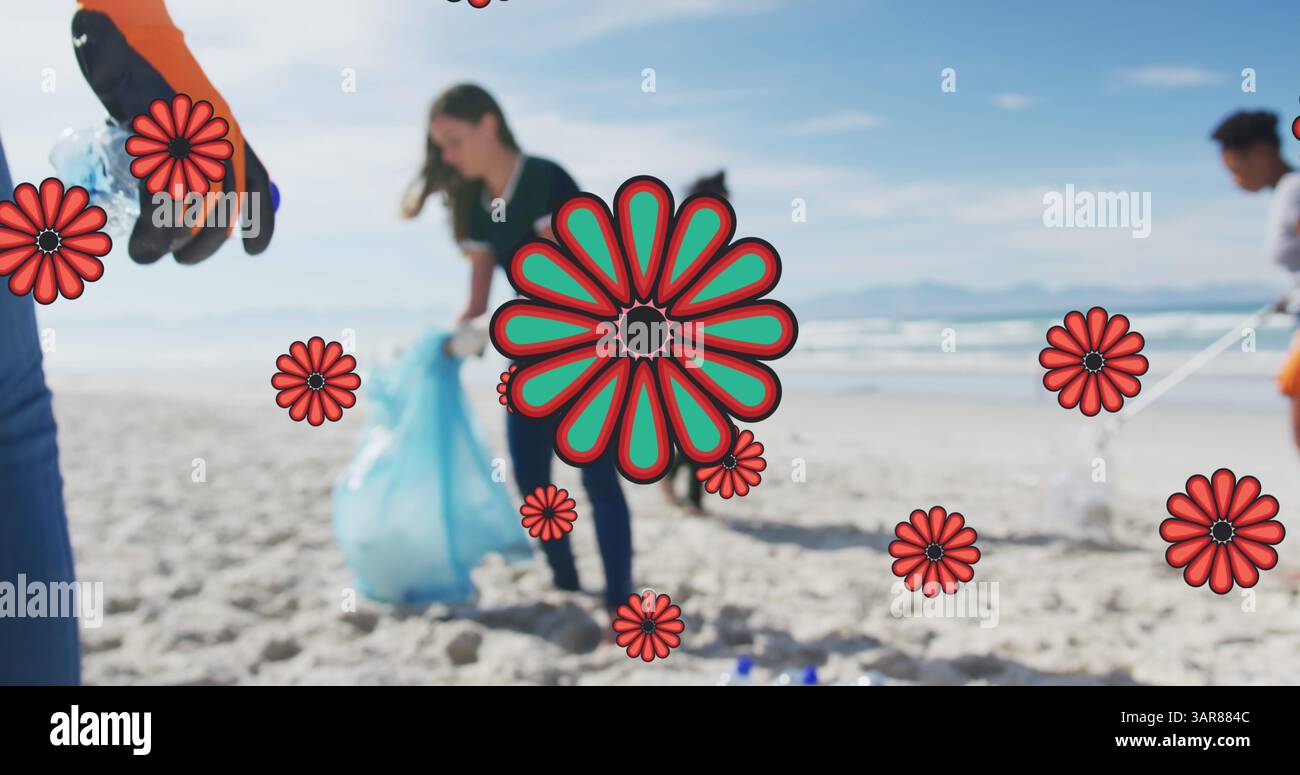 Image of flowers over diverse female and male volunteers picking up ...