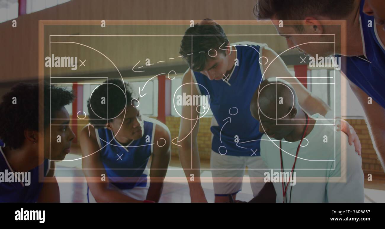 Image of basketball court with tactics drawing over diverse couch with ...