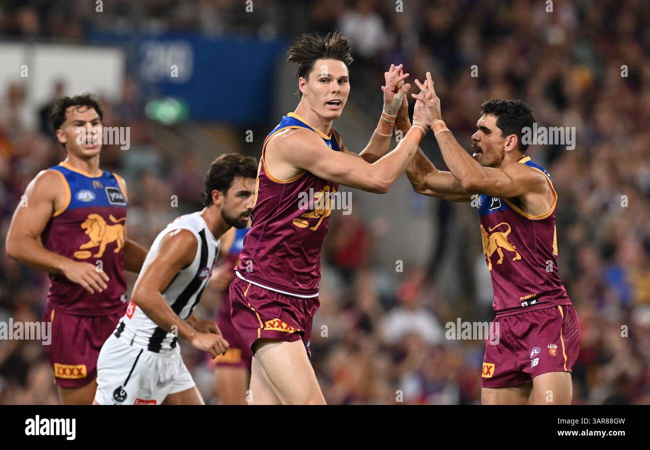Brisbane, Australia. 17th Apr, 2025. Eric Hipwood of the Lions reacts ...